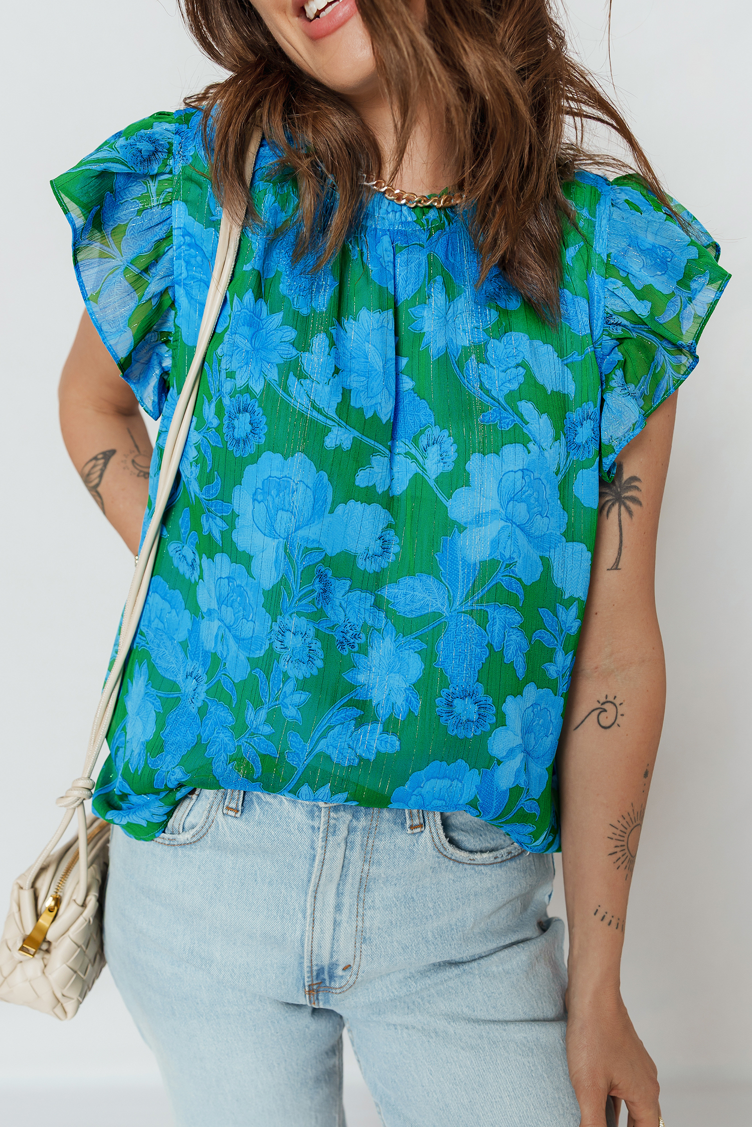US$ 7.91 Drop-shipping Green Floral Print Ruffled Sleeve Summer Blouse ...