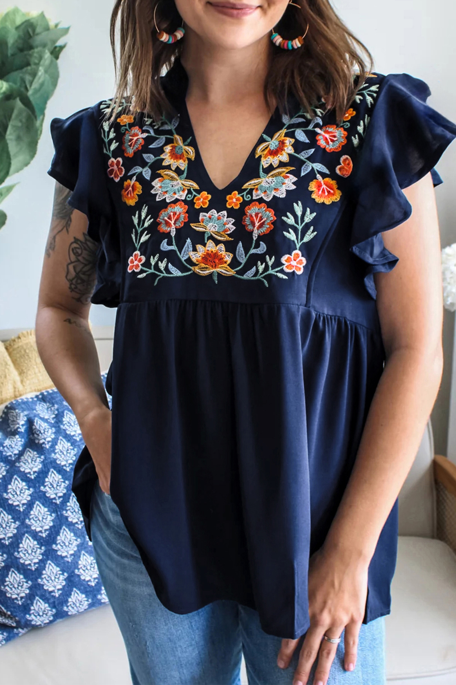 US$ 10.5 Drop-shipping Dirty Blue V Neck Ruffled Sleeve Floral ...