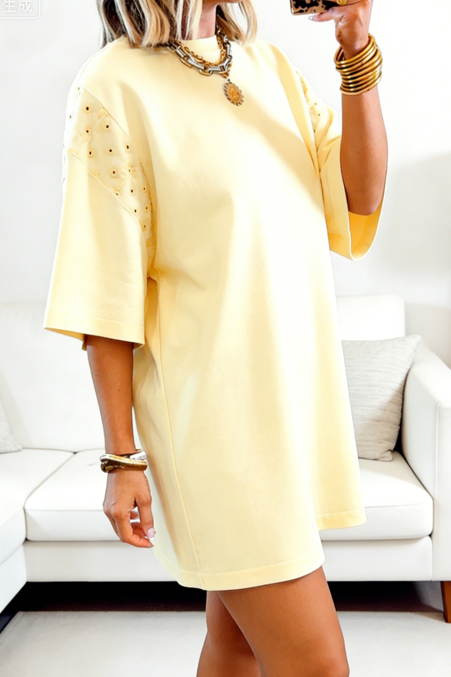 US$ 9.49 Drop-shipping Yellow Cream Eyelet Embroidered Lace Splicing ...